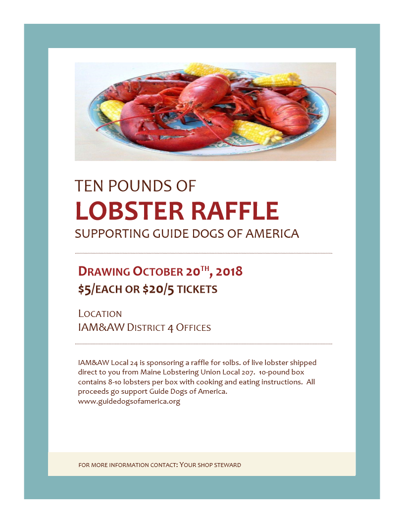 Local 24 Lobster Raffle supporting Guide Dogs of America | Andrews IAM